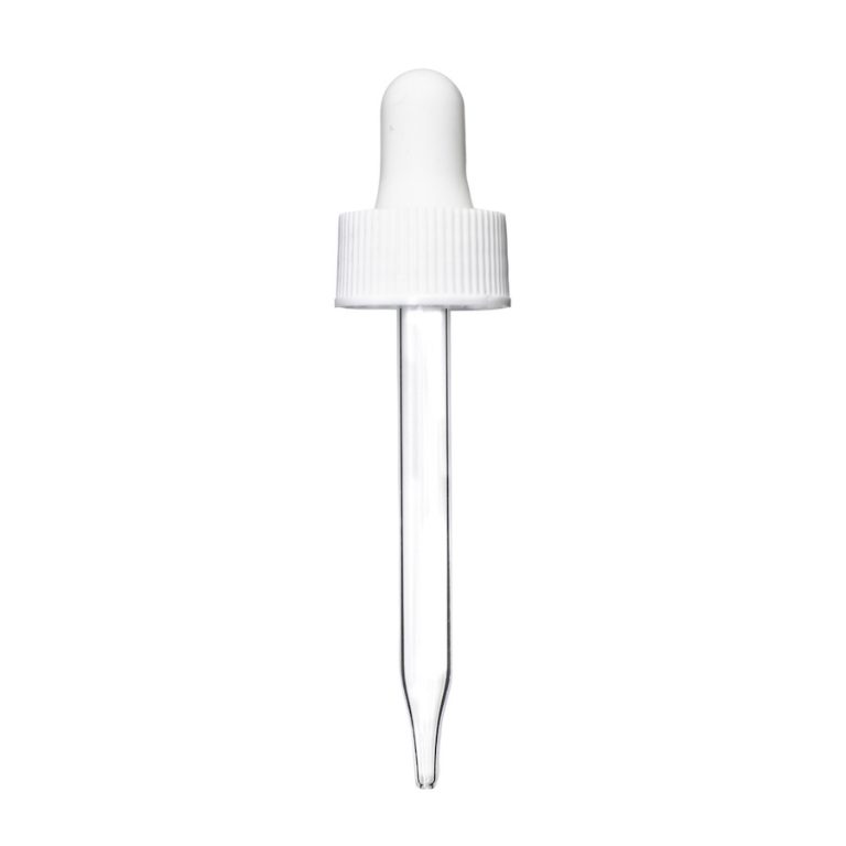 20-400 White PP Plastic Ribbed Skirt Dropper with 76mm Straight Glass Pipette | FH Packaging