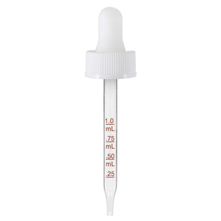 20-400 White PP Plastic Ribbed Skirt Dropper with 76mm Straight Medical Graduated Glass Pipette ...